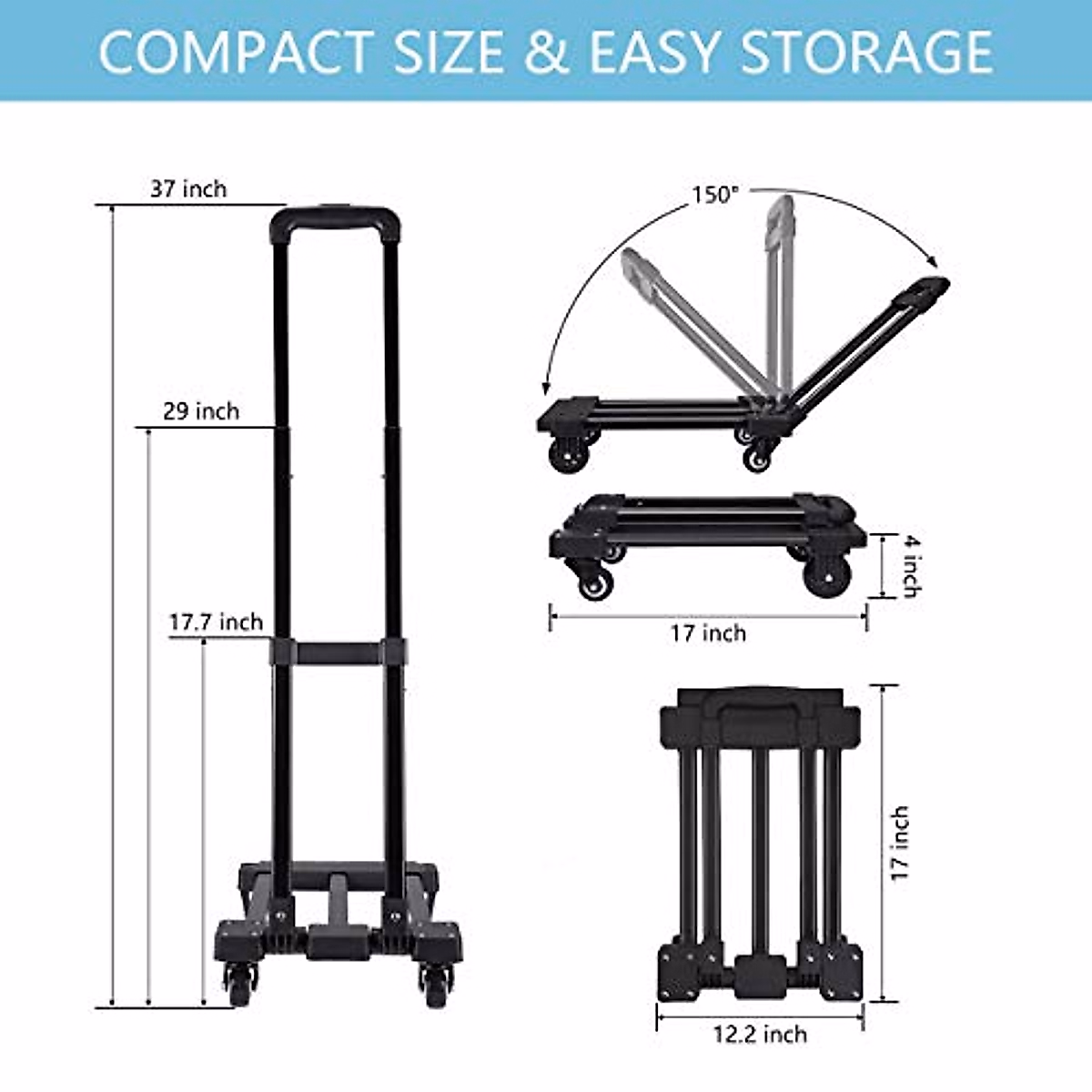 Orange Tech Folding Hand Truck, 220 lbs Heavy Duty 4 Wheels Solid Construction Utility Cart, Compact and Lightweight for Luggage/Personal/Travel/Auto/Moving/Office Use - Portable Fold Up Dolly