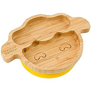 Bamboo Baby Plate with Suction - Kids and Toddler Suction Cup Plate for Babies, Non-toxic All-Natural Bamboo Baby Food Plate Stays Cool to the Touch for Baby-Led Weaning (Lamb - Yellow)