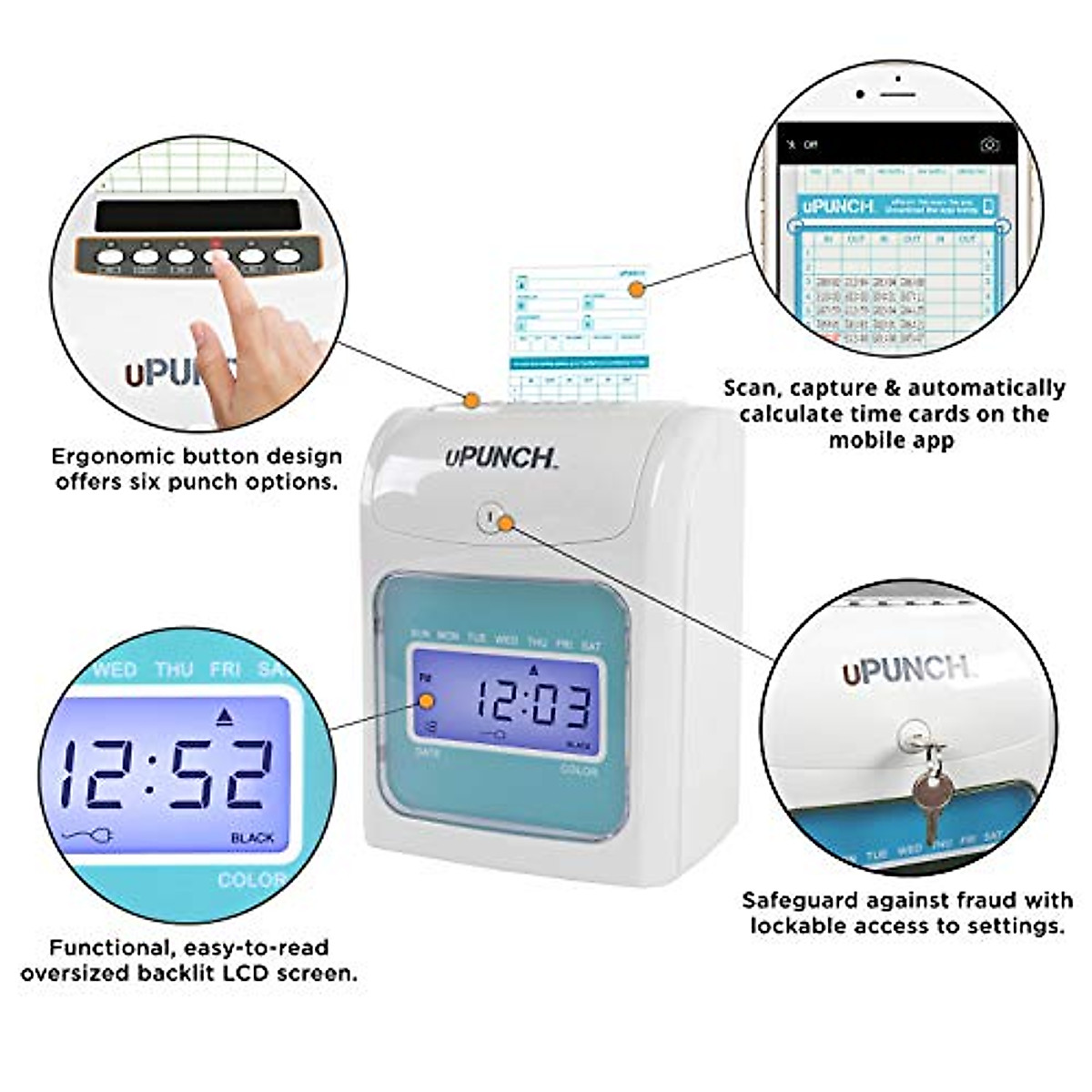 uPunch Time Clock with Free Punch to Pay Mobile App to Scan & Manage Timecards for Payroll (FN1000)