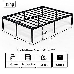 EMODA 16 Inch Platform King Bed Frame No Box Spring Needed, Heavy Duty Metal Mattress Foundation with Sturdy Steel Slats Support, Noise Free, Easy Assembly, Black