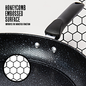 DURANITRO 4 Piece Nitrogen-Hardened Honeycomb Nonstick Carbon Steel 8” and 12” Frying Pans, 12” Wok, and 12” Glass Lid Cookware Set – Easy to Clean, Suitable for All Stovetops- GIFT INCLUDED