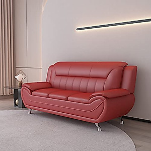 Container Furniture Direct Michael Modern Faux Leather Upholstered Stainless Steel Legs Living Room, Sofa, Persian Red