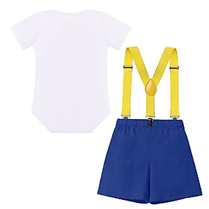 1st First Birthday Outfit Baby Boy Cake Smash One Year Old Party Newborn Toddler Bow Tie Short Sleeve Romper Shorts Pants Y-back Suspenders 3PCS Clothes Set Photo Shoot Royal Blue+Red 12-18 Months