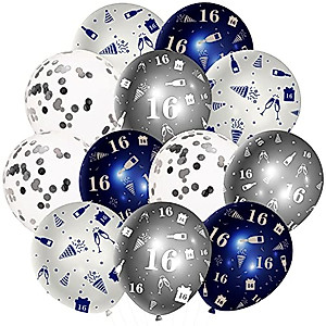 WATINC 36Pcs 16th Navy Blue and Silver Latex Balloons for Teens Boys Girl, 16 Year Old Birthday Confetti Balloon Party Decor, Anniversary Party Photography Backdrop Favor Supplies Decoration (12 Inch)