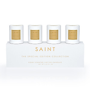 SAINT The Special Edition Collection Votive Candles, Soy Coconut Scented Candle Set with Holy Oil and Prayer Coin, Aromatherapy Soy Candles, 4 18-Hour Long Burning Candles, Holiday Gift-Ready Box