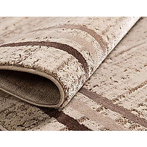 Unique Loom Oasis Collection Modern, High-Low Pile, Border, Stripes, Abstract Area Rug (7' 0 x 7' 0 Round, Brown/Beige)