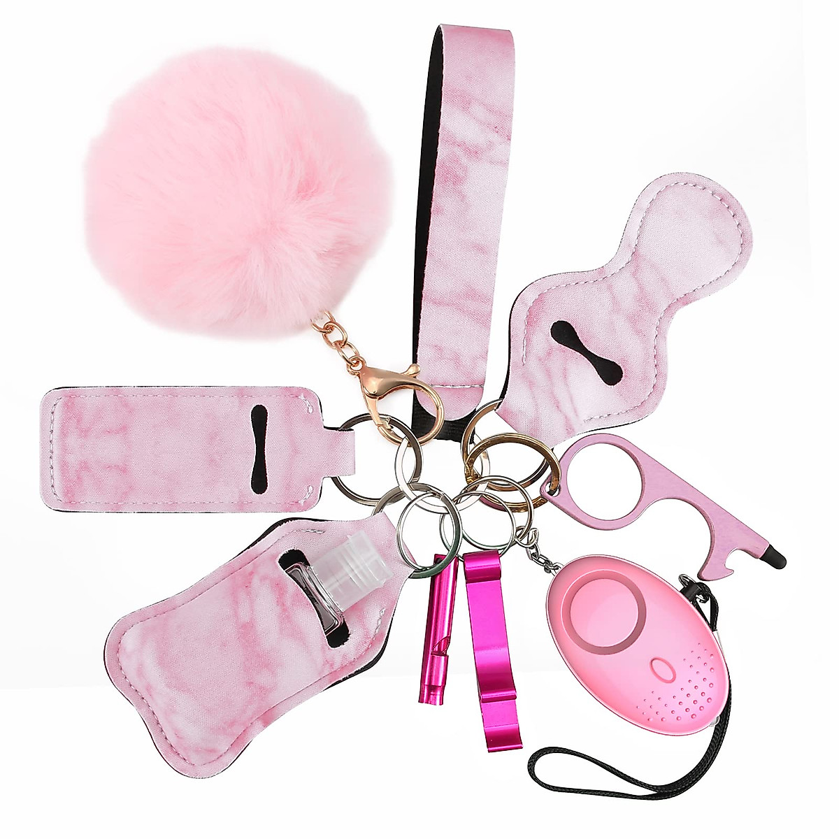 Safety Keychain Set for Women and Kids, 10 Pcs Safety Keychain Accessories, Self Defense Keychain Set for Girls with Safe Sound Personal Alarm, No Touch Door Opener, Whistle and Pom, Pink