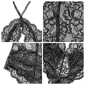 Maiyifu-GJ Womens Deep V Floral Lace Bodysuit One Piece Sexy Halter Babydoll Negligee See Through Backless Teddy Lingerie (Black,3X-Large)