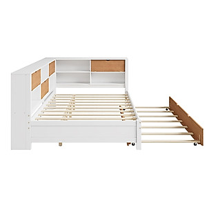 MERITLINE FullDaybed with Trundle, L-Shaped Bed Frame, Wood Platform Bed with LED Lights & USB Ports, Full Corner Bed with Trundle and Storage for Kids Teens Boys Girls, Walnut and White
