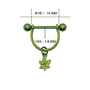 Pierce2GO 14G Stainless Steel Green Marijuana leaf Dangle Nipplerings Piercing Women 9/16" Barbell