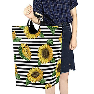 Aflyko Sunflower Black and White Stripes Laundry Basket Foldable Waterproof Laundry Hamper Large Storage Basket with Handles for Bathroom Washhouse Home Decor