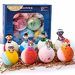 Bath Bombs for Kids with Surprise Toy Inside, Colorful Handmade Natural Bath Ball with Professionals Career Figurine, Children Moisturizing SPA Fizzy Bath Bomb with Coconut Oil Gift Set for Girl Boy