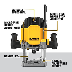 DEWALT Plunge Router 15 AMP, Includes Spindle Lock Button, 1/4” and 1/2” Collets, Built-In LED Light, Corded (DWE625) ,Yellow