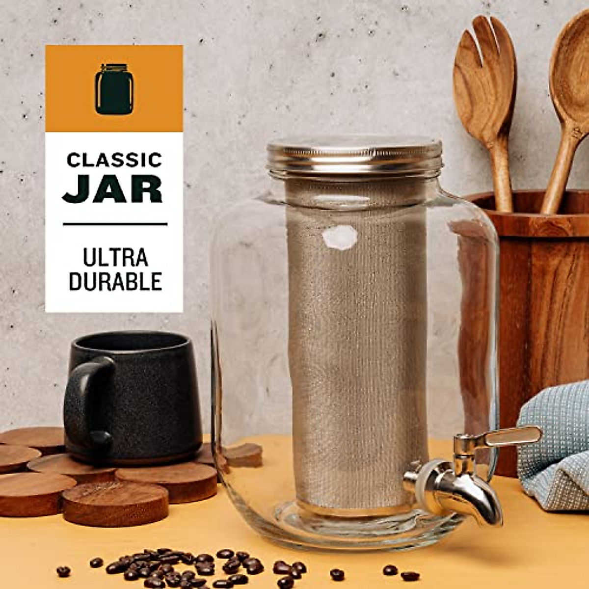 County Line Kitchen - Cold Brew Mason Jar Coffee Maker, Durable Glass, Heavy Duty Stainless Steel Filter, Lid, and Pour Spout - 4 Quart, (128 oz / 1 Gallon)