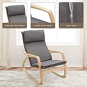 Safstar Hardwood Rocking Chair, Comfortable Relax Accent Fabric Rocker Chair with Metal and Wood Flame, Nursery Rocking Armchairs (Gray)