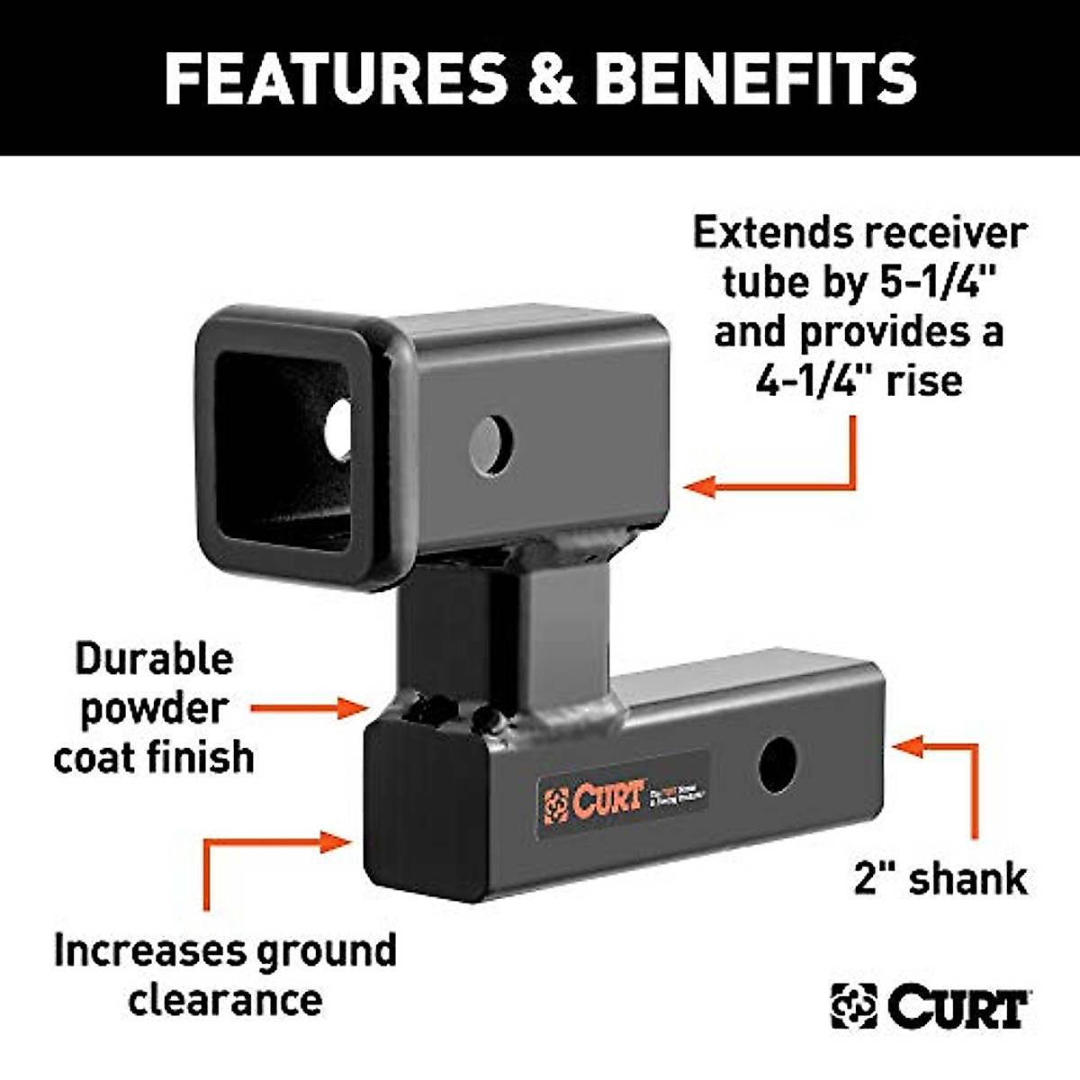 CURT 45794 Raised Trailer Hitch Extender, Fits 2-Inch Receiver, Extends 5-1/4", 4-1/4-In Rise, Gloss Black Powder Coat