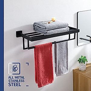 KOKOSIRI Matte Black Towel Rack 24'' Bathroom Towel Shelf with Double Towel Bars, Bath Towel Hook Square Robe Hook Coat Hook, SUS304 Stainless Steel Wall Mounted, B08A3-BK