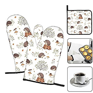 Nature Lovely Hedgehog Lovers Printed Oven Mitts and Pot Holders Set 3pcs,High Heat Resistant for Cooking Baking Grilling