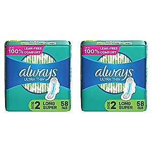Always Ultra Thin Feminine Pads for Women, Size 2 Long Super Absorbency, with Wings, Unscented, 58 Count (Pack of 2)
