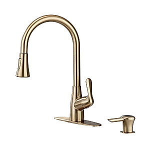 Derengge Brushed Gold Kitchen Faucet Single Handle Pull-Down Kitchen Sink Faucet with Soap Dispenser and Deck Plate, Faucet for Farmhouse, Camper, Laundry, Rv, Bar,KF-058DS-CS