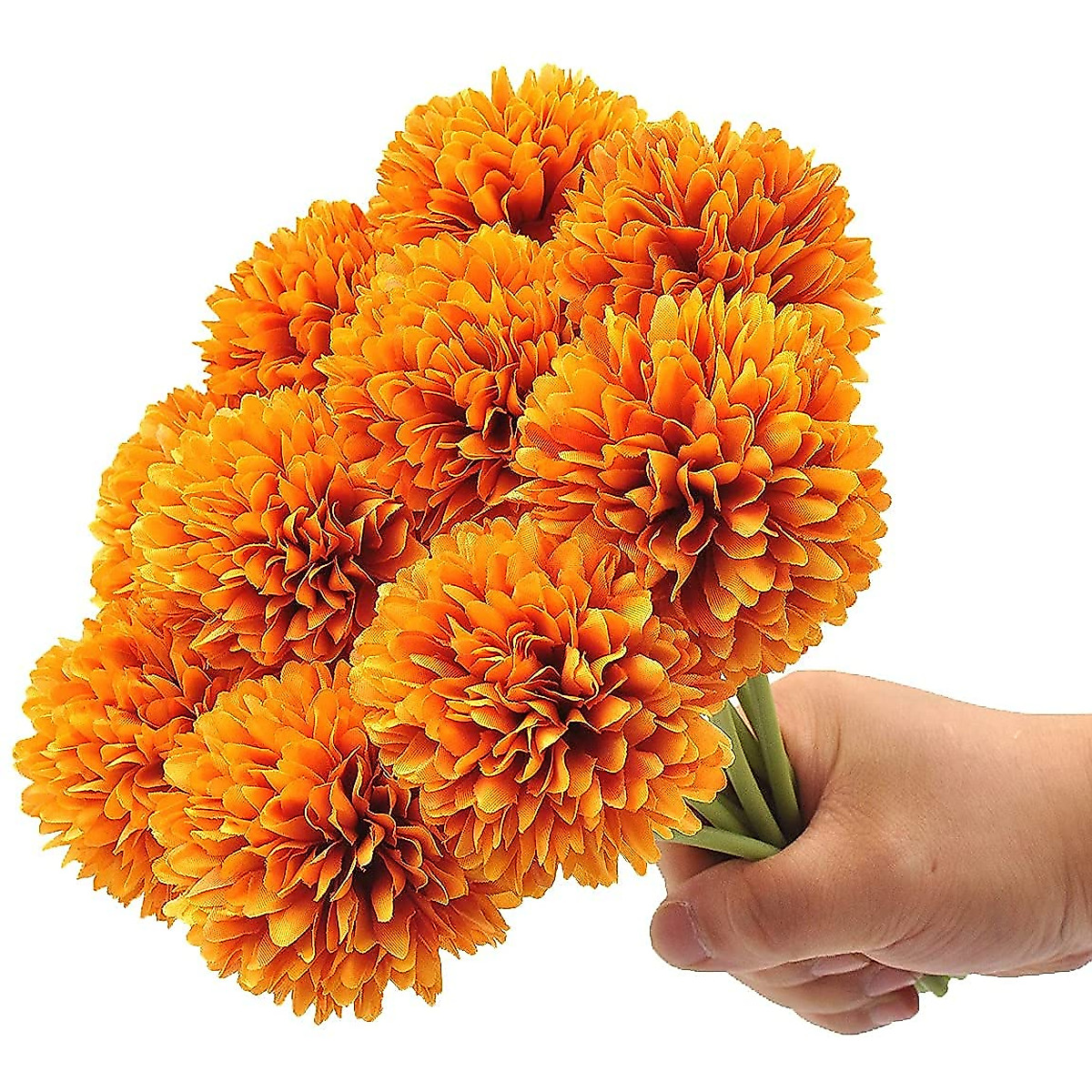 Fantasy Gardens Artificial Fake Flower Plants Silk Chrysanthemum 10Pcs DIY Ball Hydrangea Arrangements Wedding Bouquets Decor Home Kitchen Garden Party Table (Orange)