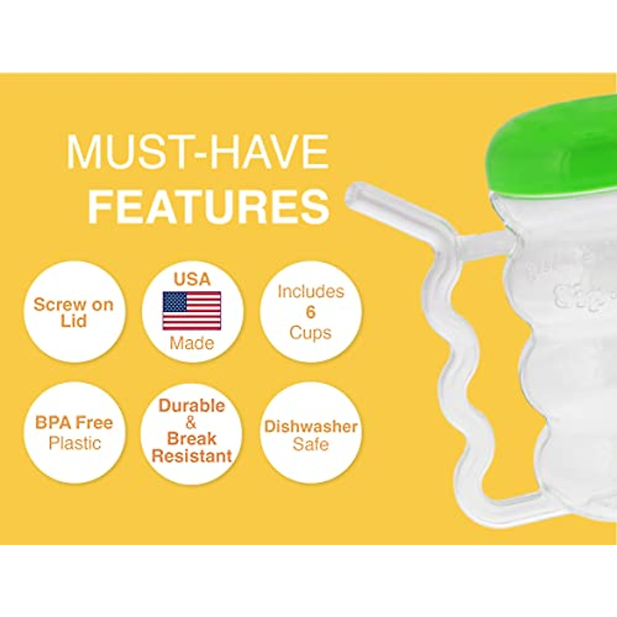 Arrow Home Products Sip-A-Mug, 14oz, 6pk - Easy to Grip Plastic Kid's Cup Where the Handle is the Straw - BPA-free with Screw-On Caps Great for Everyday Use, Made in the USA - Clear with Color Lids