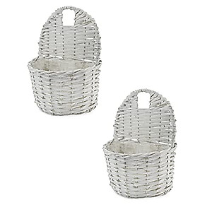 AuldHome Wicker Wall Pocket Baskets (2-Pack, White); Hanging Flower Door Baskets