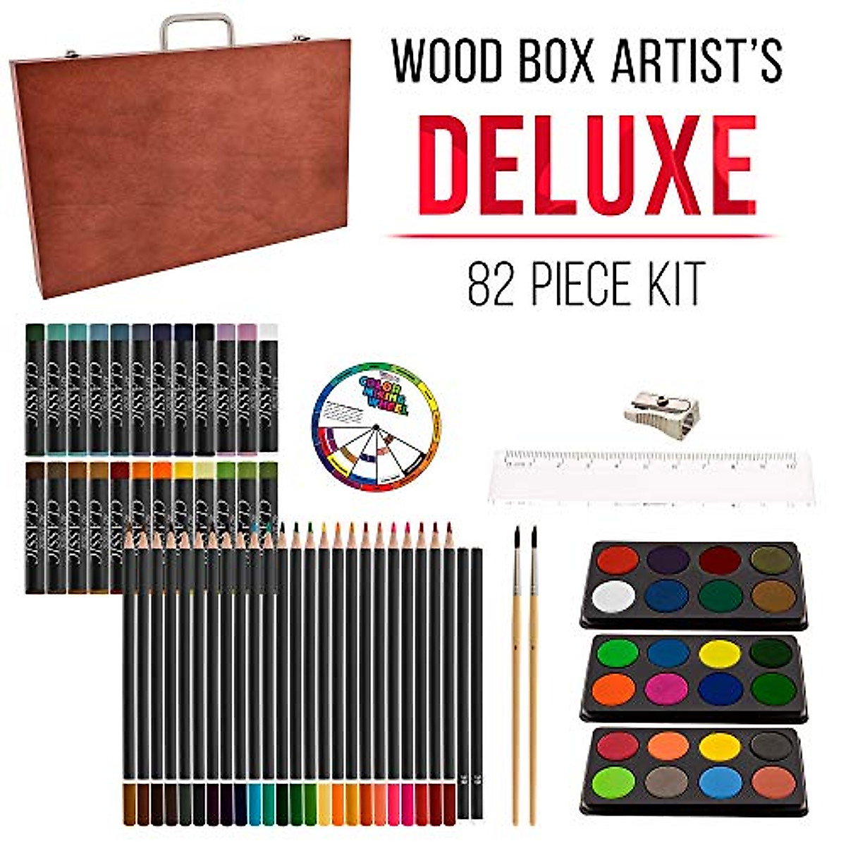 U.S. Art Supply 82-Piece Deluxe Artist Studio Creativity Set Wood Box Case - Art Painting, Sketching Drawing Set, 24 Watercolor Paint Colors, 24 Oil Pastels, 24 Colored Pencils, 2 Brushes, Starter Kit