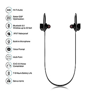 Bluetooth Headphones, Hussar Magicbuds Best Wireless Sports Earphones with Mic, IPX7 Waterproof, HD Sound with Bass, Noise Cancelling, Secure Fit, up to 9 Hours Working time (Upgraded)
