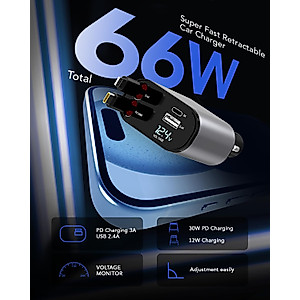 Retractable Car Charger, 4 in 1 Fast Car Phone Charger 66W, Retractable Cables and USB Car Charger,Compatible with iPhone 15/14/13/12/11,Galaxy,Pixel