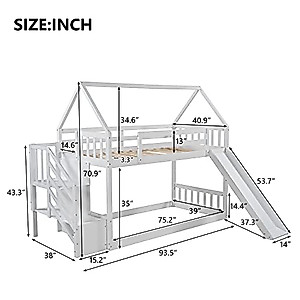 DEYOBED Twin Over Twin Wooden Bunk Bed with Slide and Storage Staircase for Kids Adults