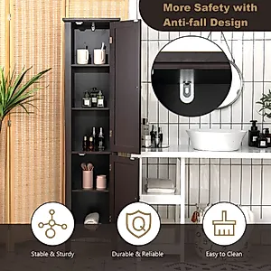 Tangkula Tall Bathroom Storage Cabinet, 5-Tier Wooden Freestanding Tower Cabinet, Narrow Storage Floor Cabinet w/2 Doors & Shelves for Bathroom Living Room Kitchen (Brown)