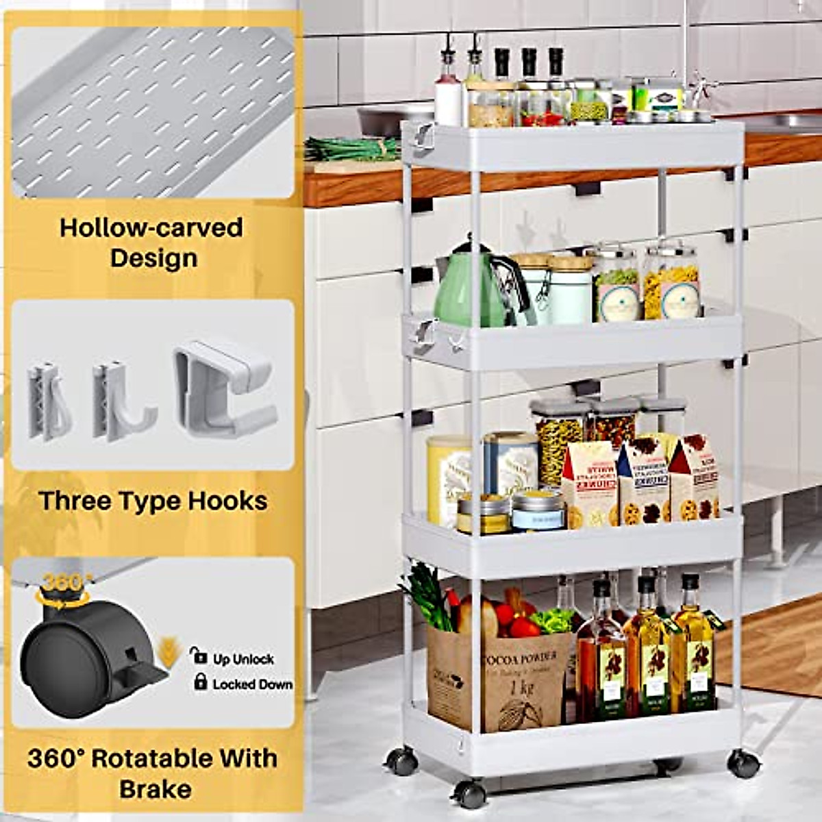 SPACEKEEPER Storage Cart, 4-Tier Mobile Shelving Unit, Bathroom Rolling Cart Utility Storage Organizer Shelf for Kitchen Living Room Bathroom Laundry Room & Dressers, Gray
