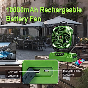Camping Fan with LED Lantern, 10000mAh Battery Rechargeable Operated Fan, Portable Tent Fan with Hanging Hook, Remote, Oscillating, Timer, Personal Fan for Tent Car RV Hurricane Emergency (Green)