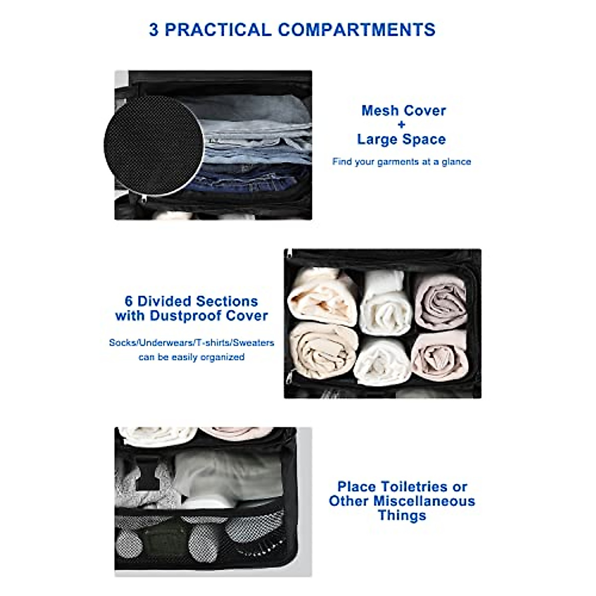 ELEZAY Hanging Packing Cubes Portable Closet 3-Shelf Travel Collapsible Compression Garment Organizer for Carry-on Luggage Suitcase Space Saver Bag XX-Large, Black