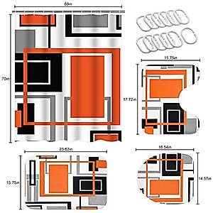 Likiyol 4 Pcs Burnt Orange Shower Curtain Sets with Non-Slip Rugs, Toilet Lid Cover and Bath Mat, Modern Abstract Geometric Shower Curtain with 12 Hooks, Black Grey Bathroom Set