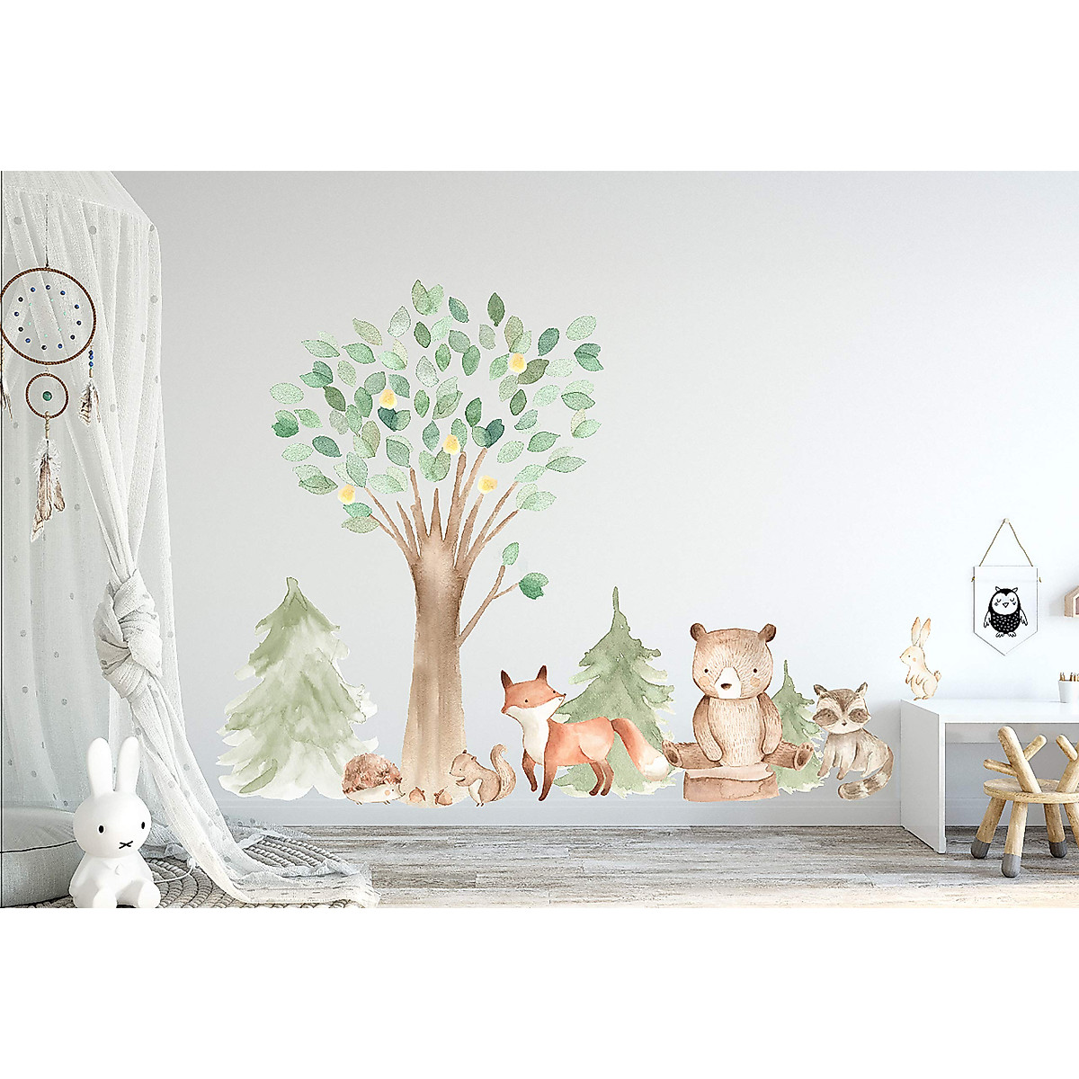 InnovativeStencils Woodland Watercolor Wall Decal Oak Pine Tree Animal Creatures - Bear, Fox, Raccoon, Rabbit, Squirrel, Porcupine Fabric Nursery Decals #3061 (84" Tall Tree (Including Leaves))
