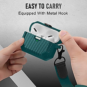 Youskin Airpod Pro Case Cover With Secure Lock Clip,Military Armor Series Full-Body Shockproof Hard Shell Protective for Men Women with Keychain Carabiner,Carbon Fiber Airpod Case for AirPod Pro,Green
