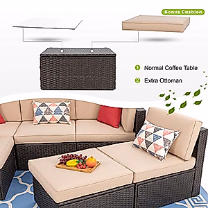 Vongrasig 6 Piece Patio Furniture Set, Small Outdoor Sectional Sofa Couch, All Weather PE Wicker L-Shaped Corner Patio Sofa Garden Backyard Patio Conversation Set w/Glass Table (Beige)