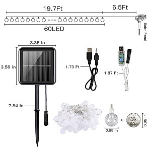 White String Lights Solar/USB Powered, 60LEDs 26Ft Crystal Globe Fairy Lights with Multi-Modes & Waterproof Function for Outdoor Garden & Indoor Room Decor