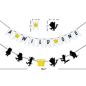 MOAXMOA Wild One Banner and Wild Things Banner Birthday Theme Party Supplies Baby Shower Photo Prop Decorations 17PCS Glitter Gold Silver and Black