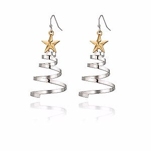 Handmade Christmas Tree Dangle Hoop Earrings Golden Silver Two Tone Women Holiday Gift, Thanksgiving Themed Earrings, Christmas Party Gift