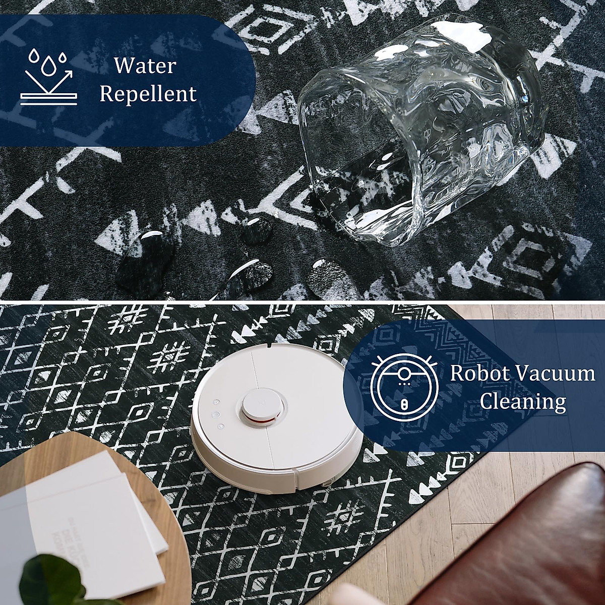 Morebes 8x10 Washable Rug for Living Room, Moroccan Large Bedroom Area Rug Non Slip, Soft Geometric Rug Indoor Floor Carpet for Dining Room Farmhouse Office, Black