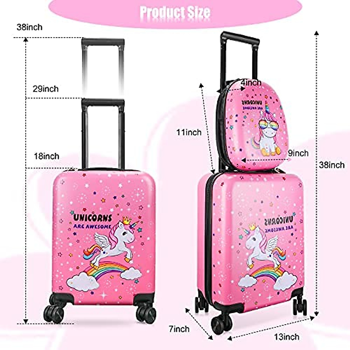 Weewooday Kids Luggage and Backpack 18" Suitcase with Spinner Wheel Hard Case Travel 13" Backpack Girl Suitcase Set for Kids Travel Supplies(Pink,Unicorn Style)
