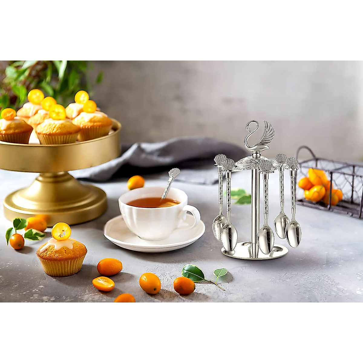 Decorative Swan Base Holder with 6 Spoons, Teaspoons, Coffee Dessert Spoons Set for Fruit, Stirring, Mixing, Sugar, Ice Cream, Cake (Silver)