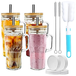 YUANYE 4 Piece 24oz Mason Handle Glass Cups with Lids and Straws -Drinks Enthusiasts Essential Glasses Drinking Set, Perfect for Iced Coffee and Beer,fruit water，Tea and Coffee