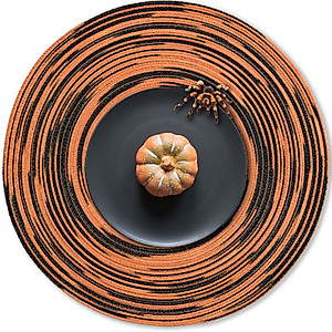 AHHFSMEI Round Braided Halloween Placemats 15 Inch Round Table Mats for Dining Tables Natural Woven Heat Resistant Place mats Set of 6 (Orange Black)