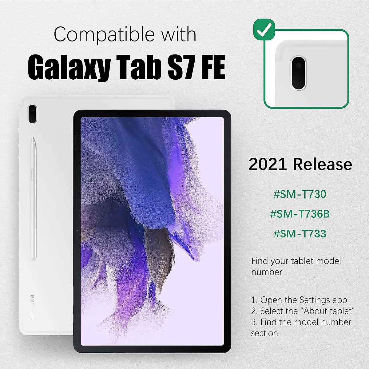 QitayoLife Hybrid Slim Case for Galaxy Tab S7 FE with Screen Protector, Clear Transparent Shockproof Back Cover with S Pen Holder Auto Wake/Sleep for Samsung Galaxy Tab S7 FE 12.4 Inch (Tea Green)