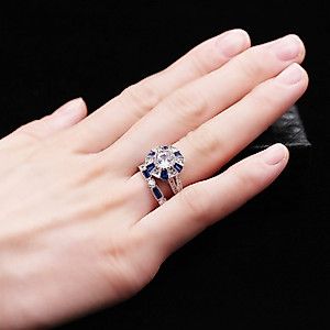 Uloveido Women's Platinum Plated Baguette Cut Blue Cubic Zirconia 2 Pcs Engagement Wedding Band Stacking Rings Set Gift (Size 6) RJ497