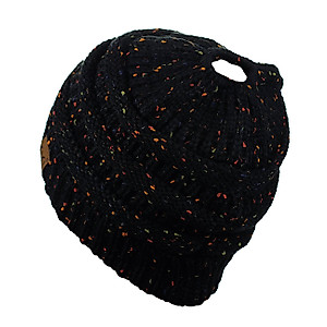 C.C BeanieTail Soft Stretch Cable Knit Messy High Bun Ponytail Beanie Hat, Confetti Black